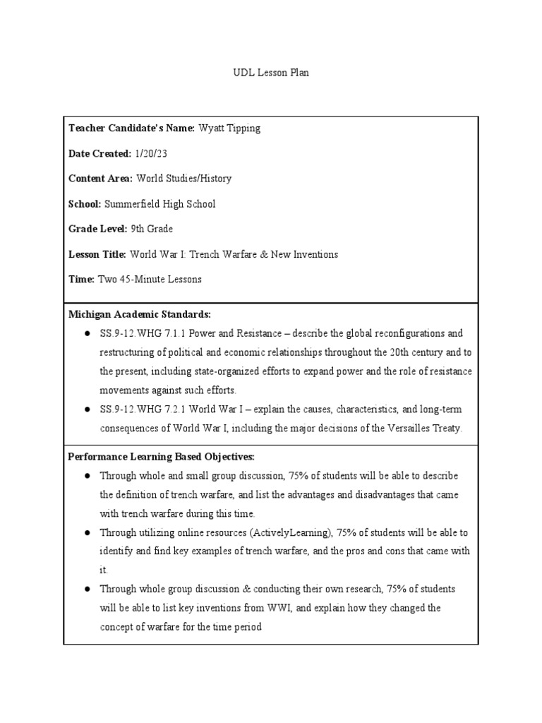 Student Teaching Wwi Invention Lesson Plan | PDF | Learning Styles ...