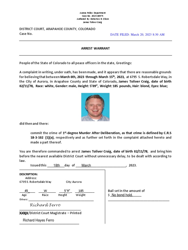 Craig James Toliver Affidavit | PDF | Arrest Warrant | Arrest