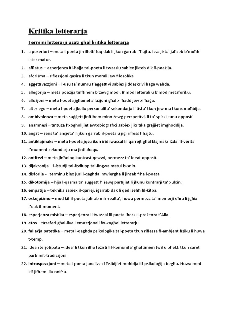 Kritika Letterarja - Termini Letterarji (A-Level) | PDF