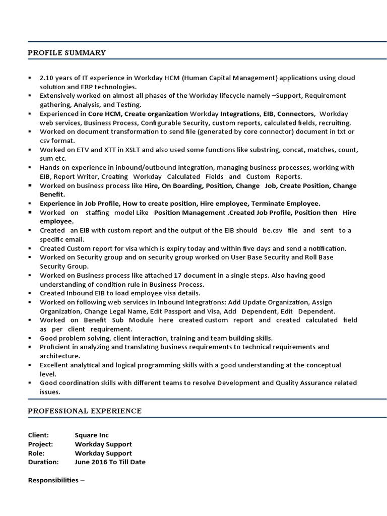Workday HCM Profile Summary: 2+ Years IT Experience | PDF | Business ...