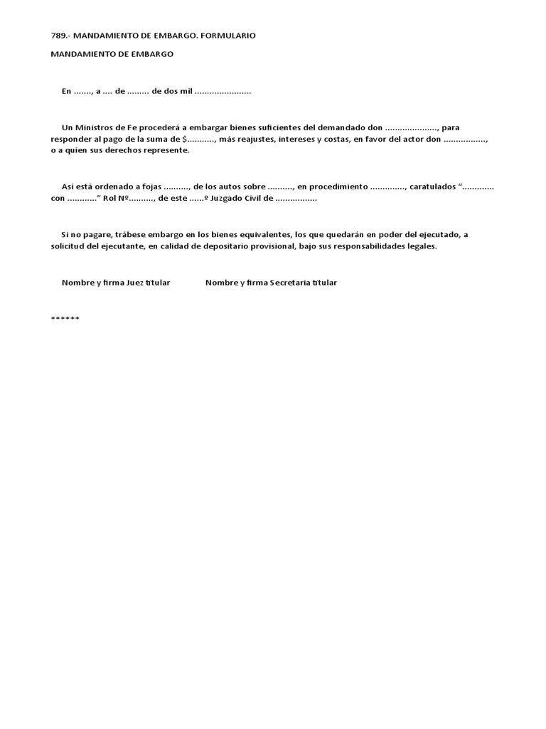 789.- MANDAMIENTO DE EMBARGO. FORMULARIO.doc | PDF