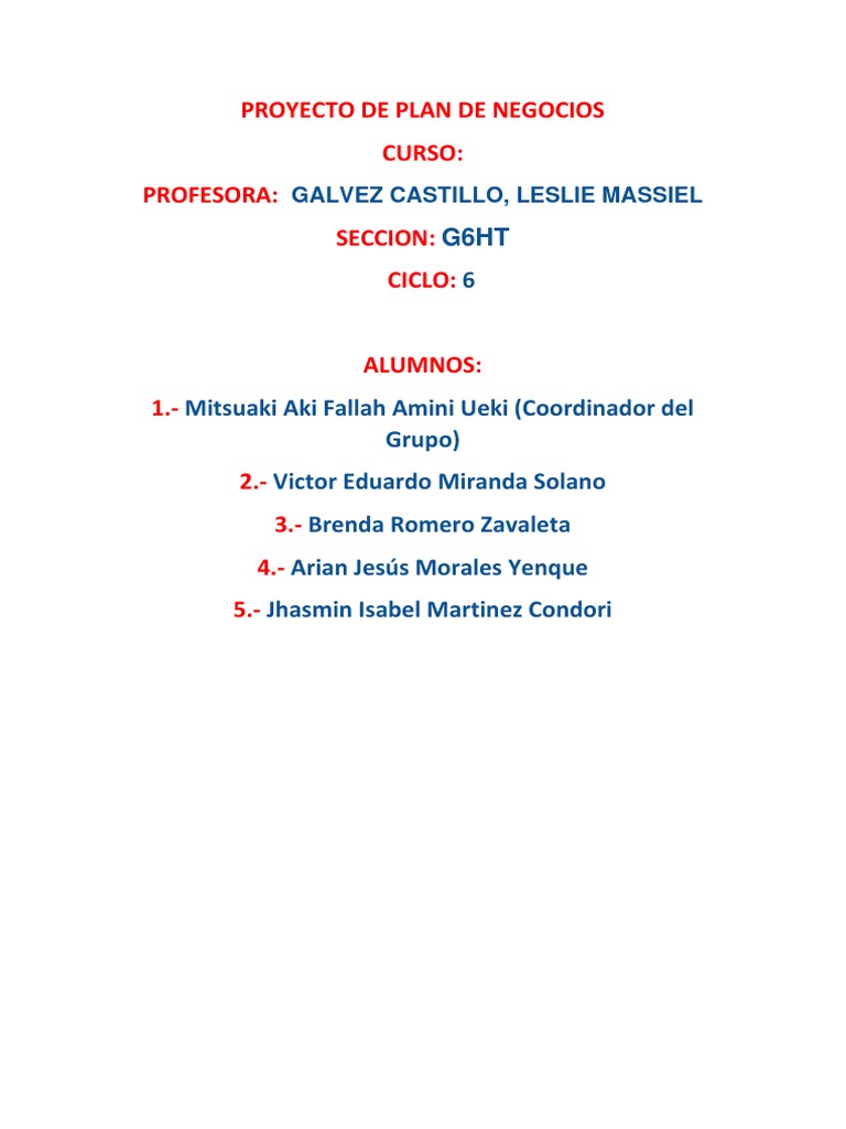 Proyecto de Plan de Negocio PDF | PDF | Marketing | Calidad (comercial)