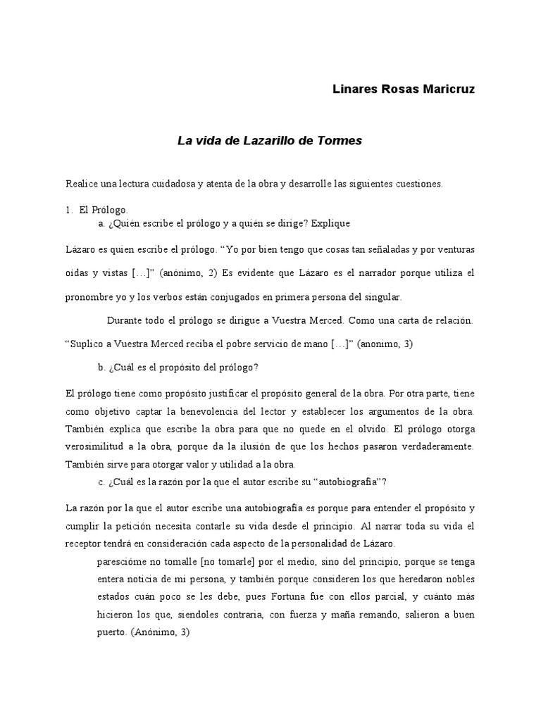 Cuestionario Lazarillo de Tormes | PDF