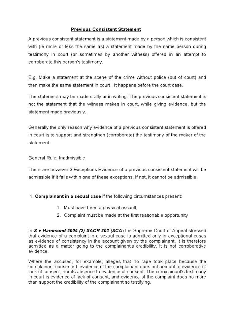 Previous Consistent Statement Notes | PDF | Witness | Crimes