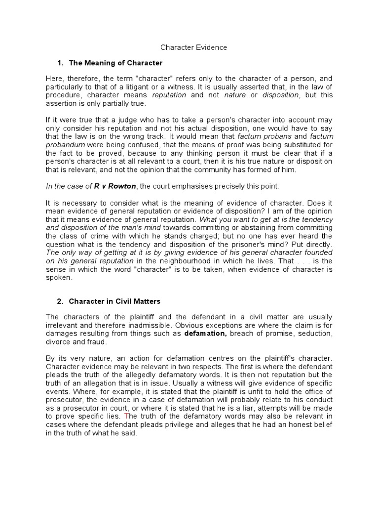 Understanding the Meaning and Relevance of Character Evidence in Civil ...