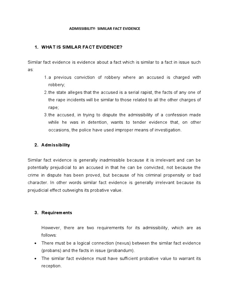 ADMISSIBILITY of Similar Fact Evidence Notes | PDF | Relevance (Law ...