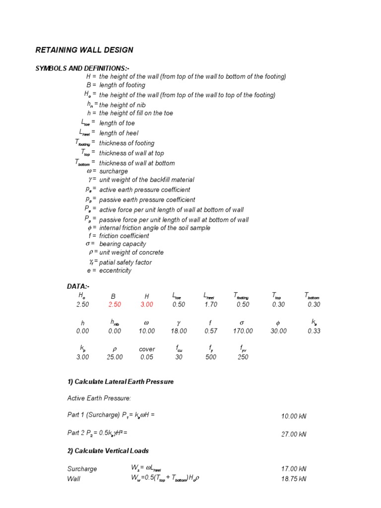 Retaining Wall Design Calculations | PDF | Materials | Civil Engineering