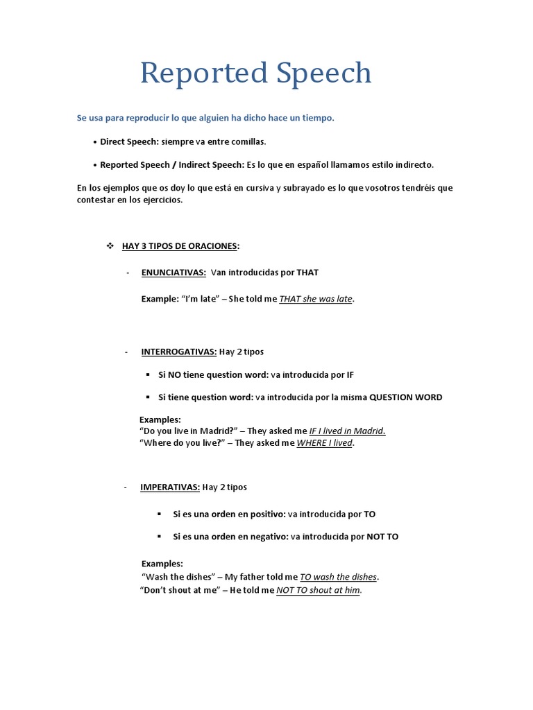 GRAMMAR NOTES Reported Speech PDF | PDF | Mecánica del lenguaje | Gramática