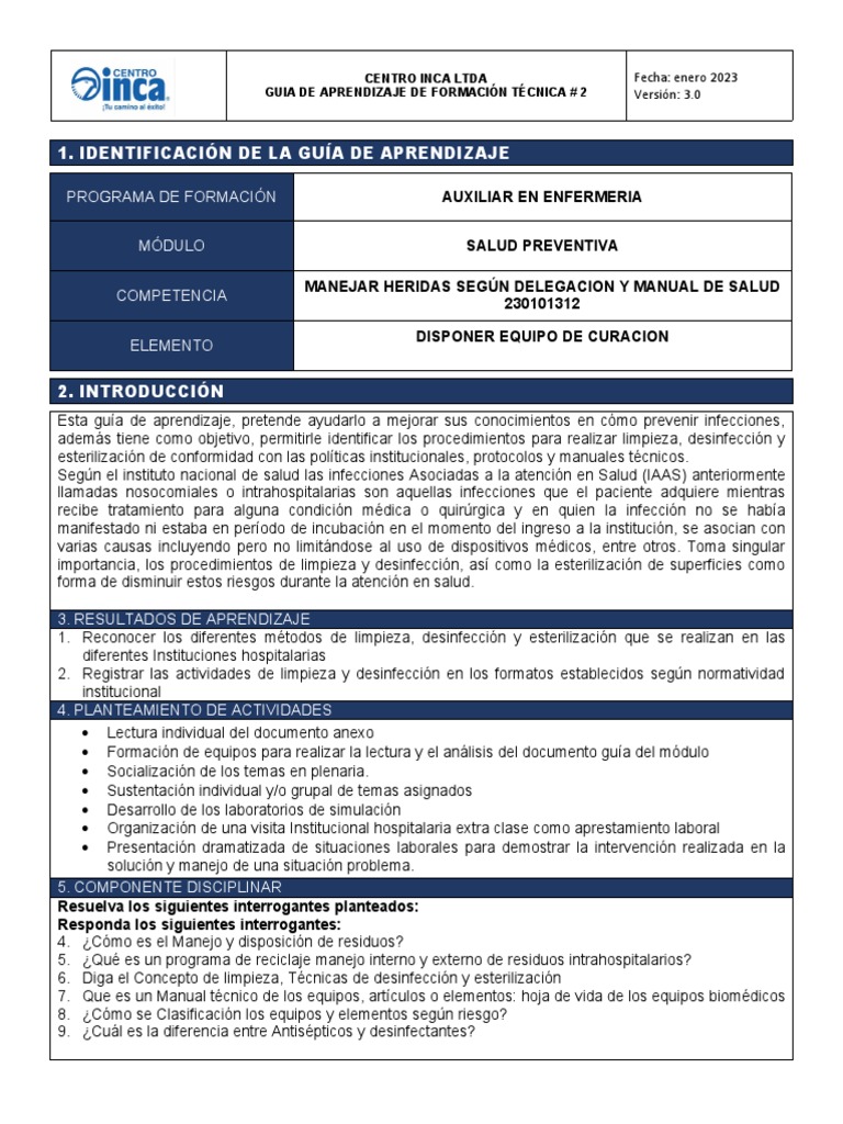 GUIA DE APRENDIZAJE No. 2 DISPONER EQUIPO DE CURACION | PDF ...