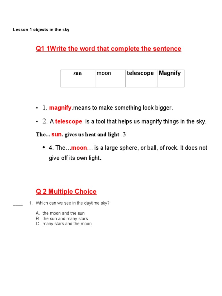 Lesson 1 What We Can See in The Sky Answers | PDF | Sky | Night Sky