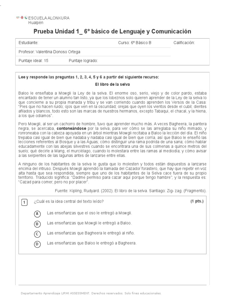 Prueba Unidad 1 6 Basico de Lenguaje y Comunicacion 5422035 PDF | PDF ...