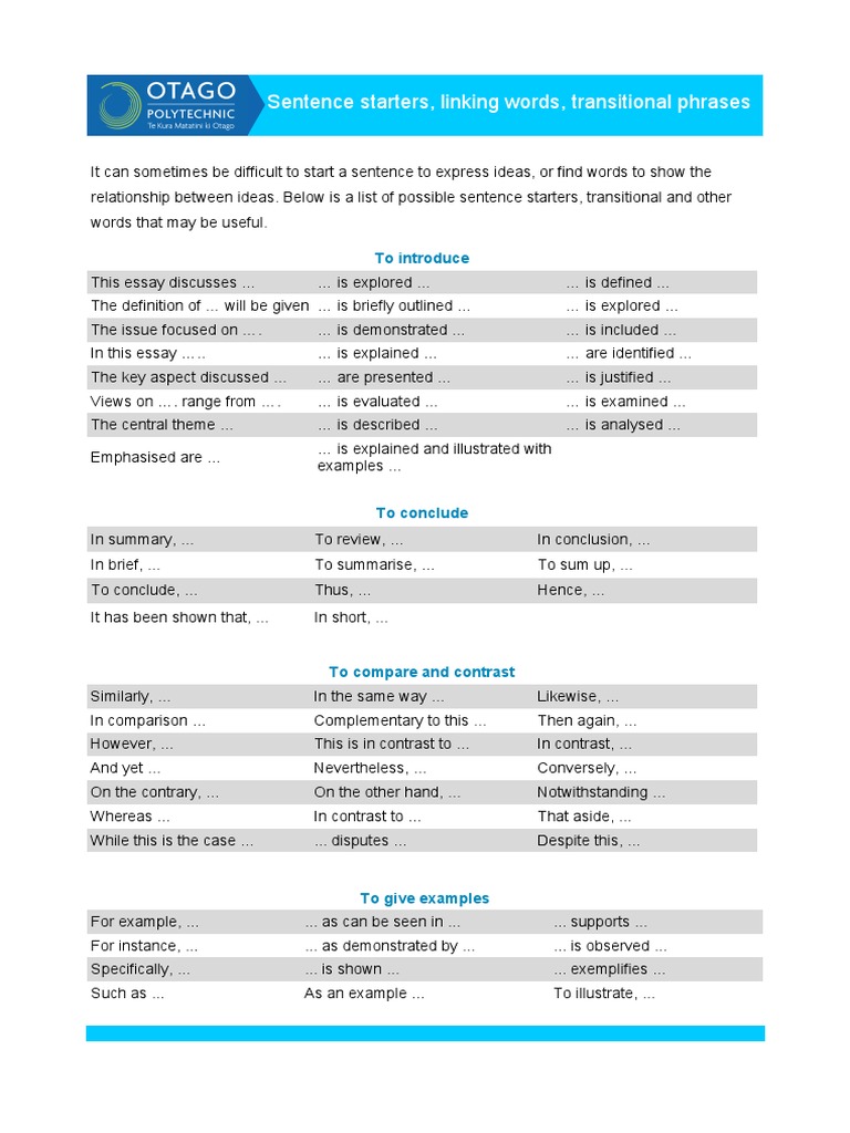 Sentence Starters, Linking Words, and Transitional Phrases: A Guide to ...