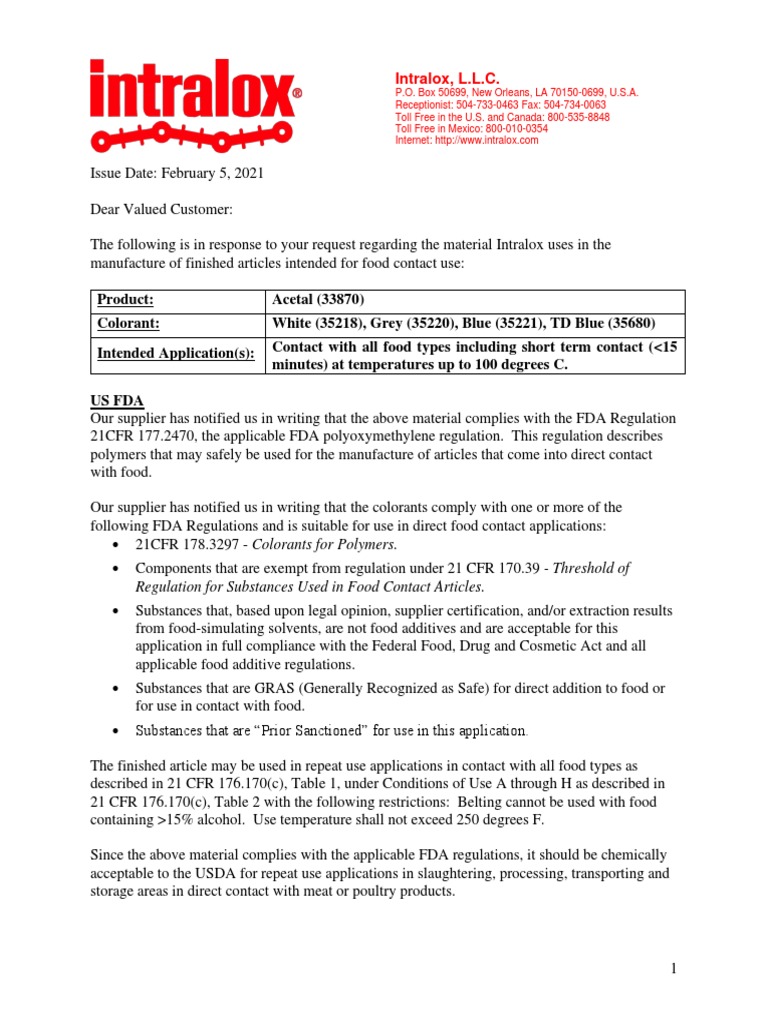 Intralox Compliance Letter 2019 (Valid Until Further Notice) | PDF ...
