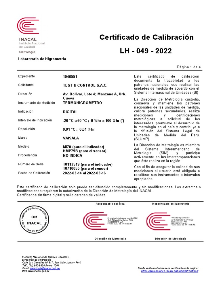 03 2022 LH-049 Termohigrómetro (10 A 40) °C (10 A 95) %HR TEM-044 | PDF | Metrología | Calibración