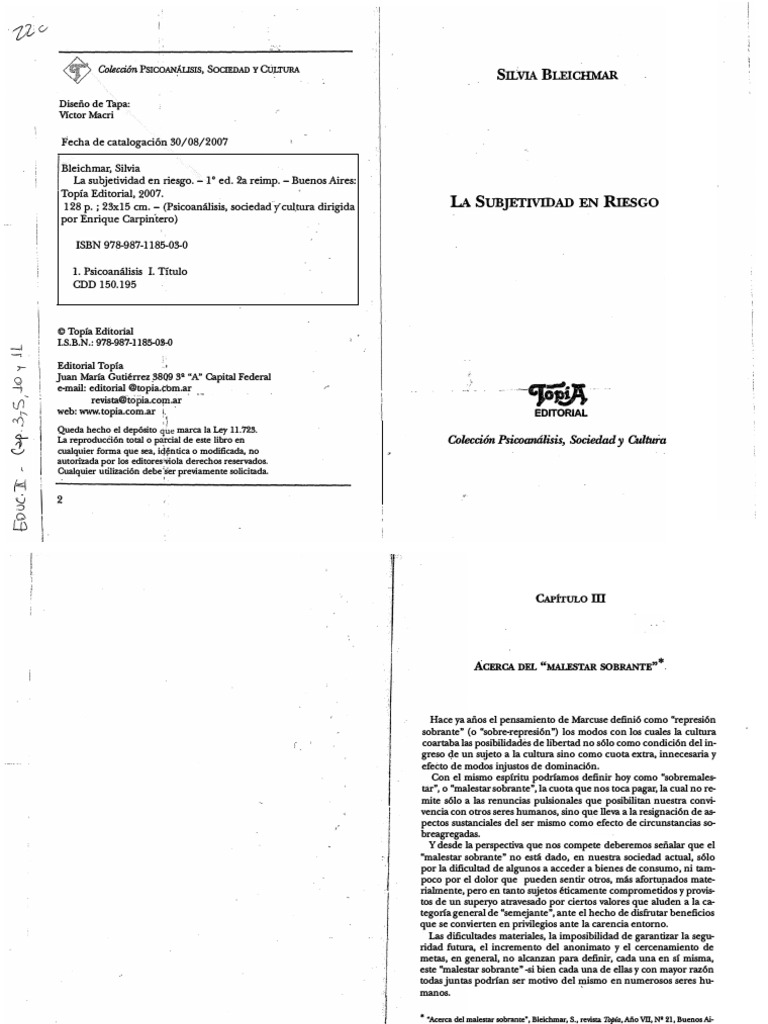 Bleichmar - La subjetividad en riesgo. Cap 3, 4, 5, 10 y 11 | PDF | Psicoanálisis | Evolución