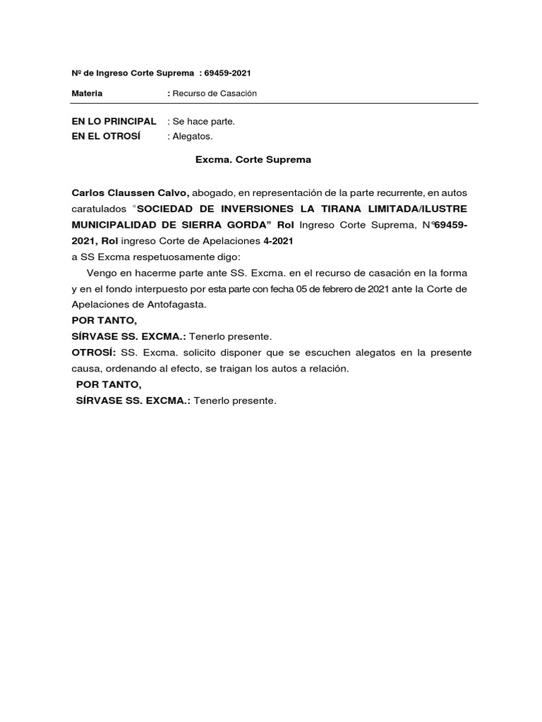 TIRANA Se Hace Parte y Solicita Alegatos PDF | PDF