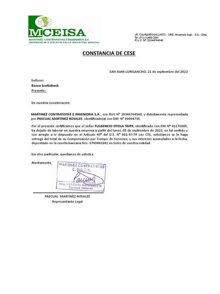 Constancia de Cese | PDF