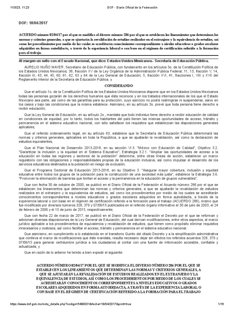 Acuerdo 02-04-17 Modif Acuerdo 286 Tit Experiencia Laboral Dof | PDF | Crédito del curso | México