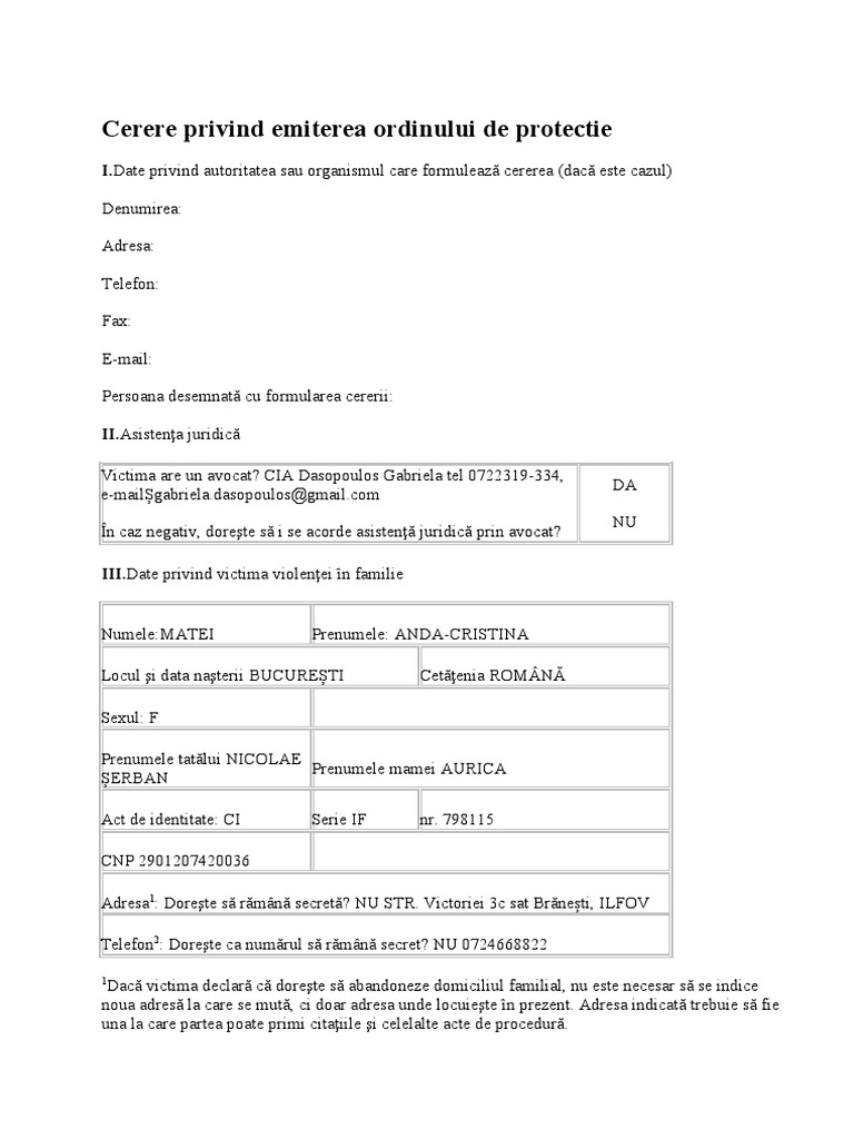 Cerere Privind Emiterea Ordinului de Protectie | PDF