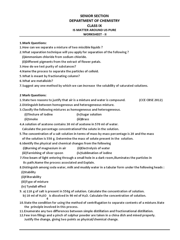 Class IX Chemistry: Separation Techniques Worksheet | PDF | Mixture | Solubility