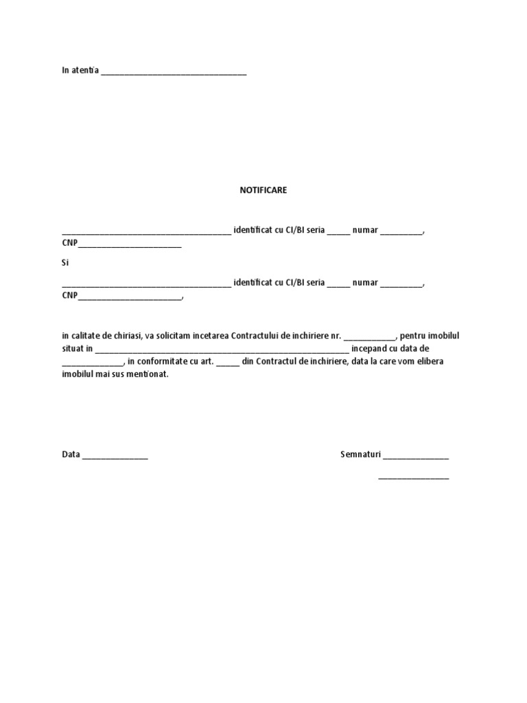 Notificare Incetare Contract Chirie | PDF