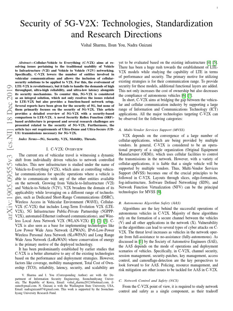 Security Of 5g V2x Technologies Standardization And Research Directions Pdf Computer