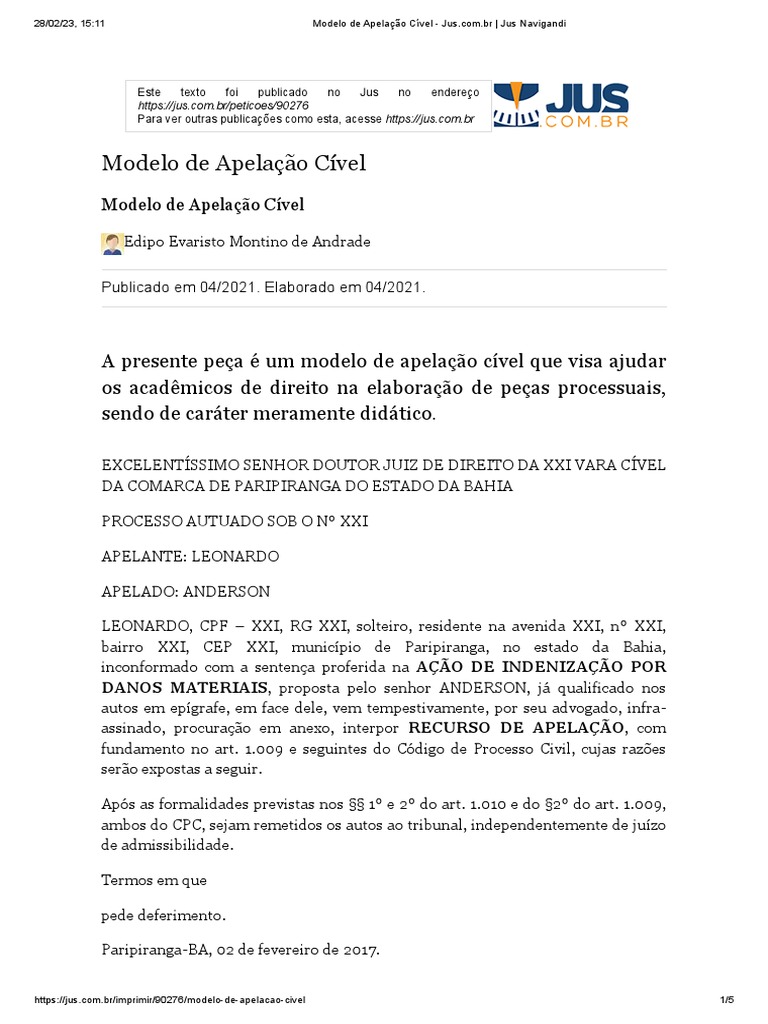 Modelo de Apelação Cível | PDF | Sentença (jurídico) | Princípios éticos