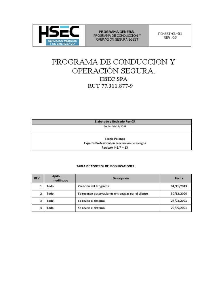 4.1. - Plan de Conduccion y Operacion Segura HSEC | PDF | Licencia de conducir | Ambulancia
