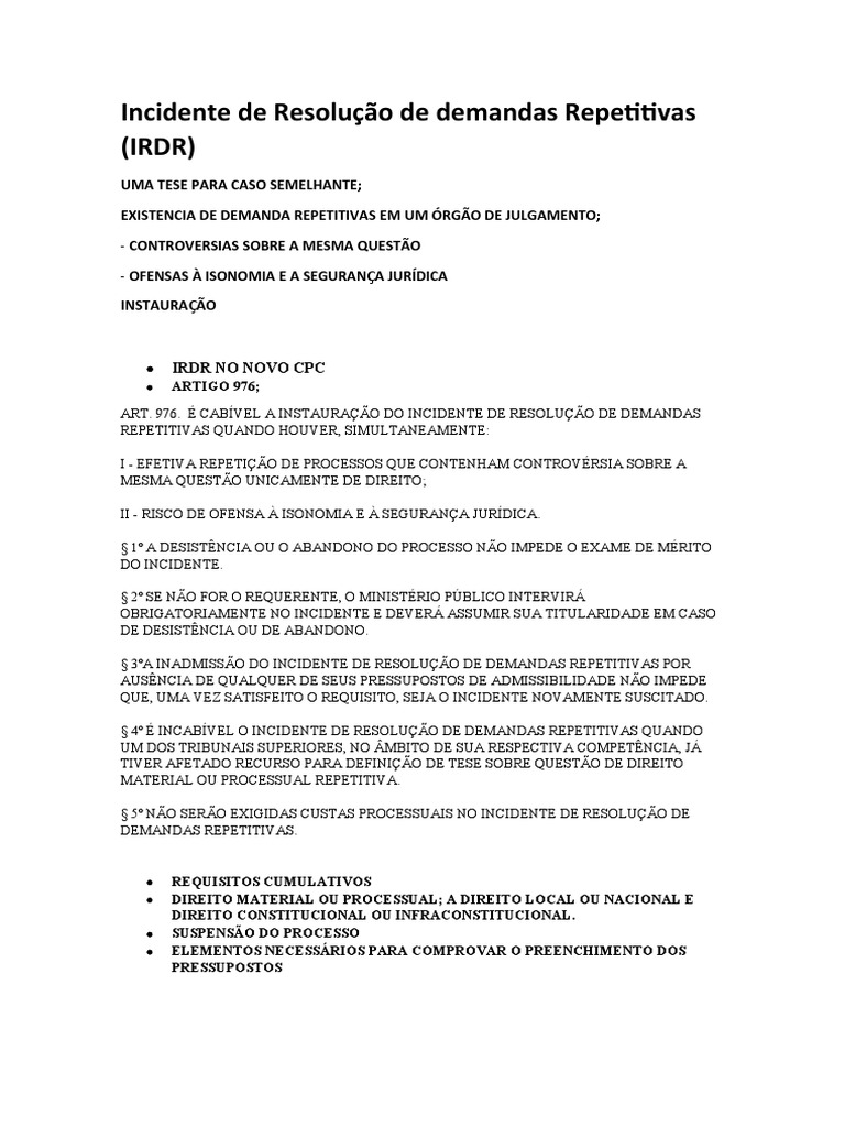 Incidente de Resolução de Demandas Repetitivas | PDF Incidente de Resolução de Demandas Repetitivas | PDF