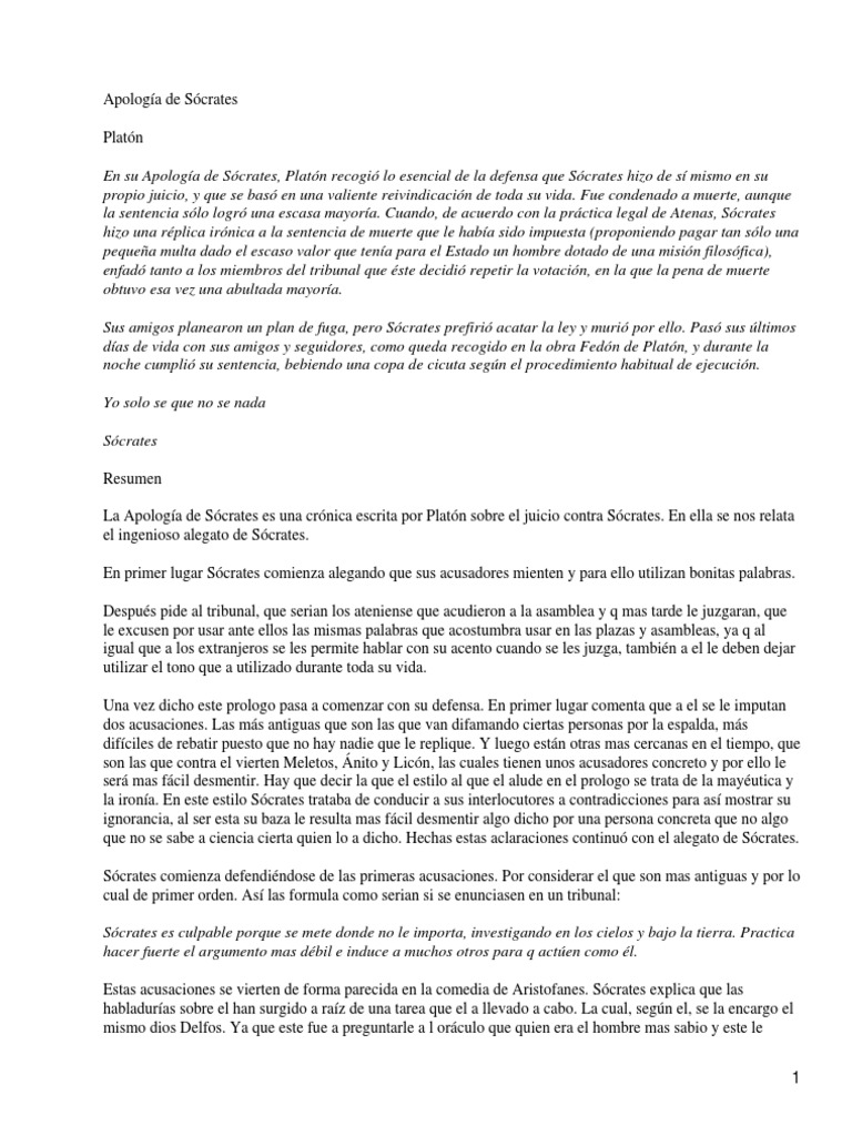 Resumen de la Apología de Sócrates | PDF | Sócrates | Disculpa (Platón)
