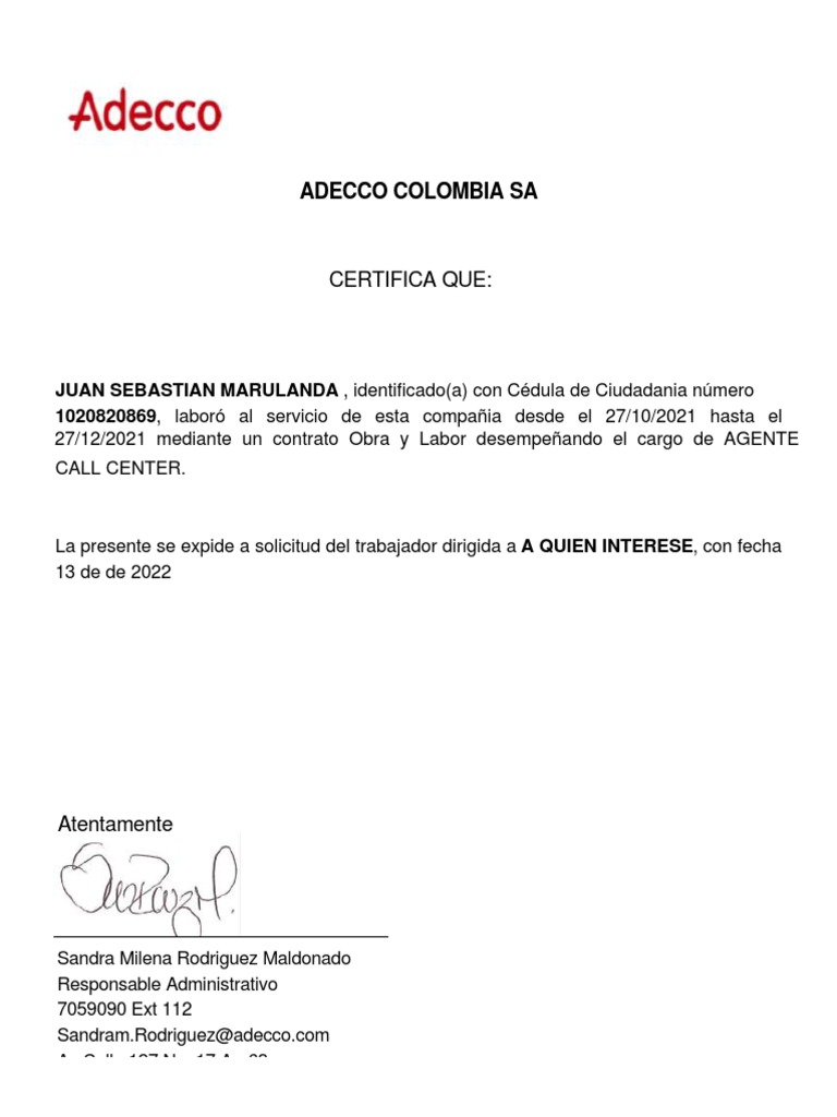 Certificación Laboral Adecco | PDF