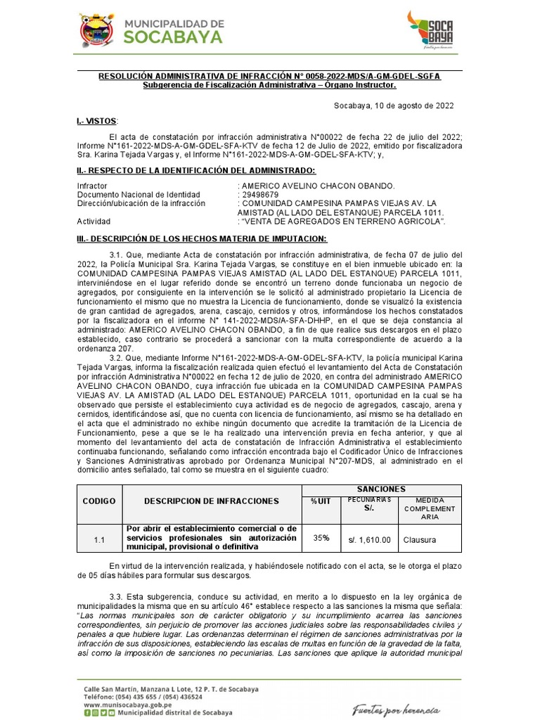 Rai - Americo Avelino Chacon Obando - Por Licencia de Func 1.2 | PDF | Multa (pena) | Regulación
