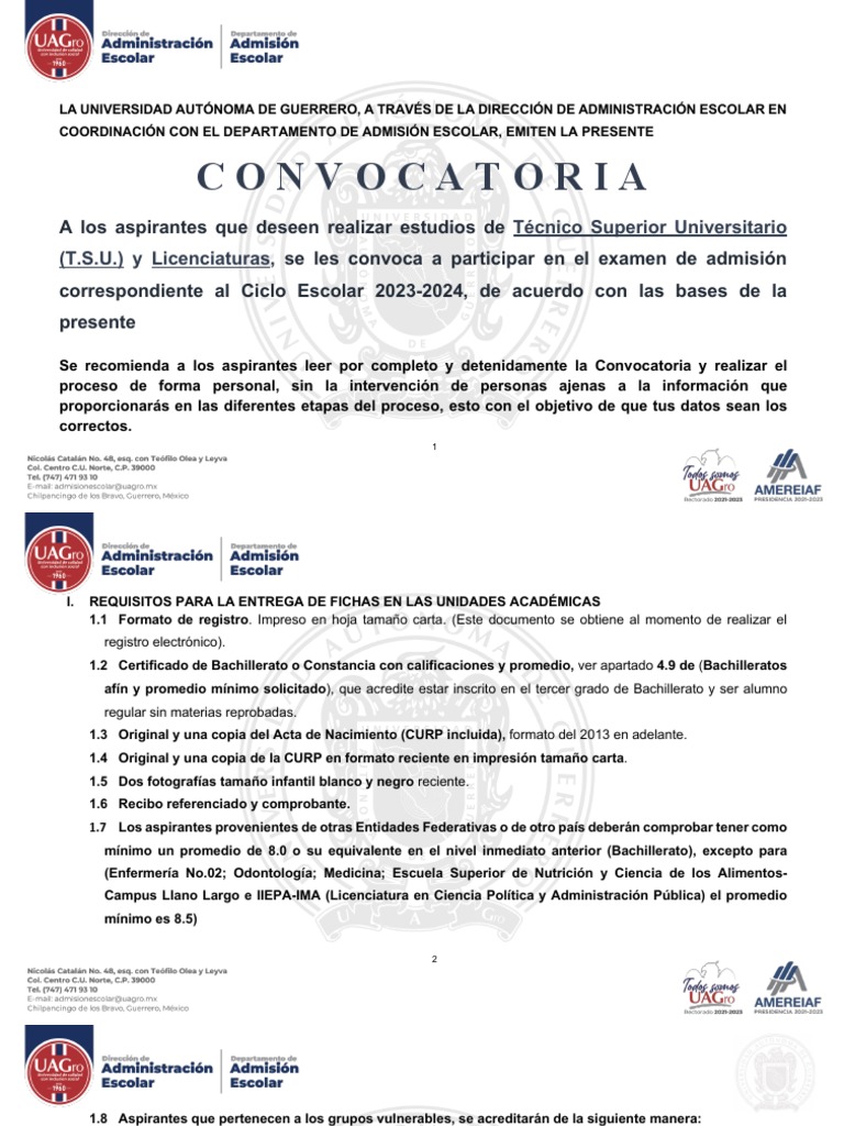 Convocatoria UAGRO | Descargar gratis PDF | Educación más alta | Certificado de nacimiento