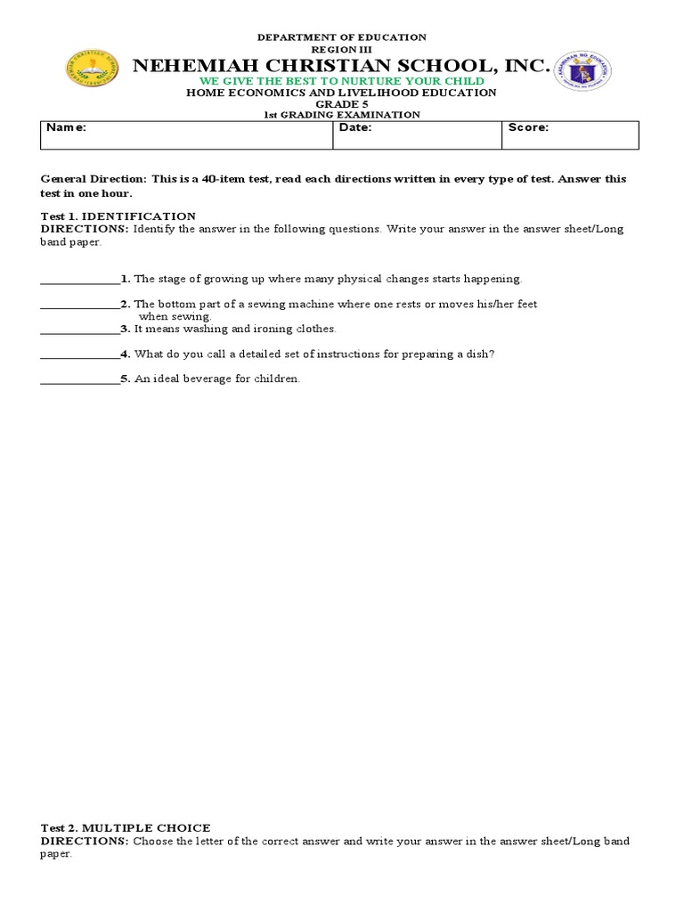 1st QUARTER GRADE 5 HELE EXAMINATION 2021 2022 | PDF