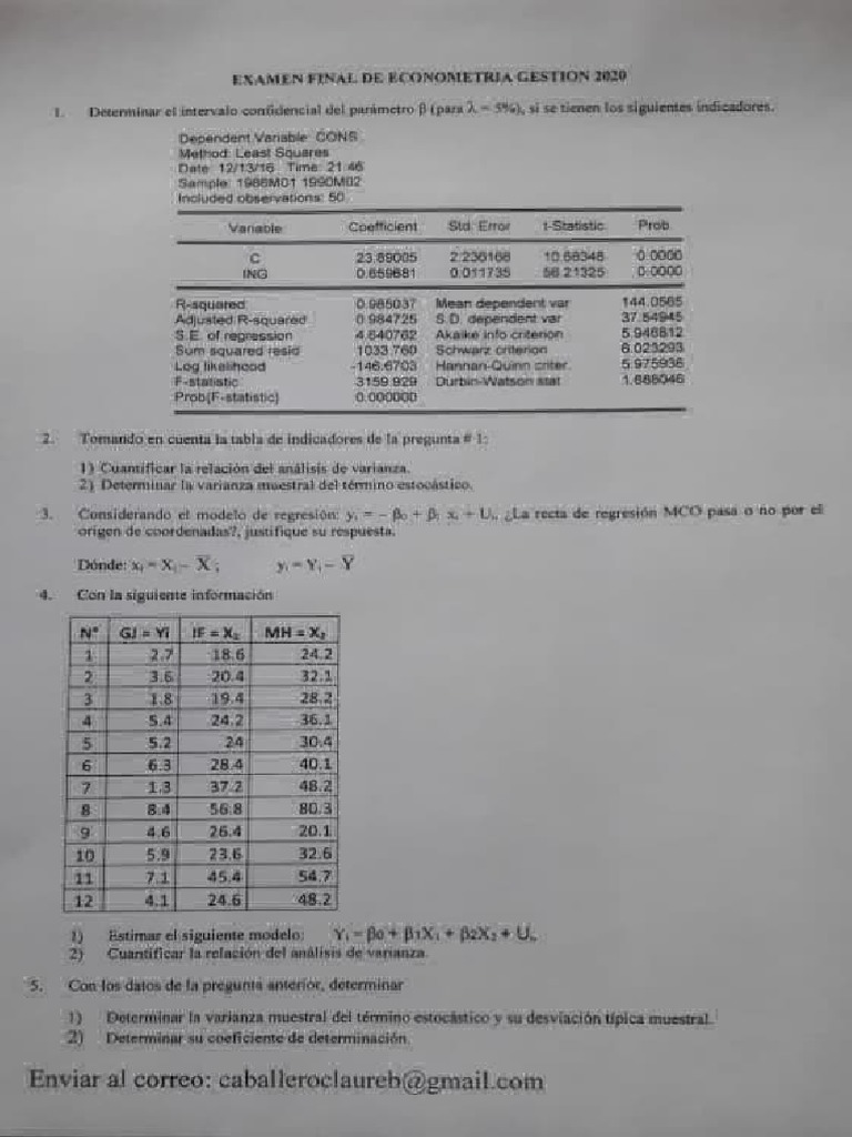 Examen Final 2020 | PDF | Econometría | Matemáticas Aplicadas
