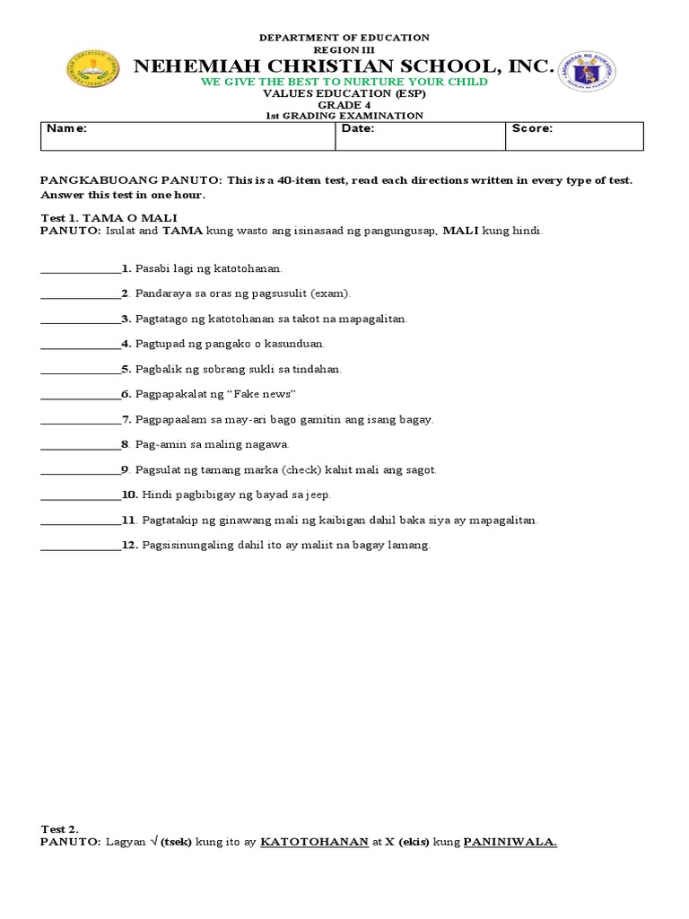 1st QUARTER GRADE 4 VALUESESP EXAMINATION 2021 2022 | PDF