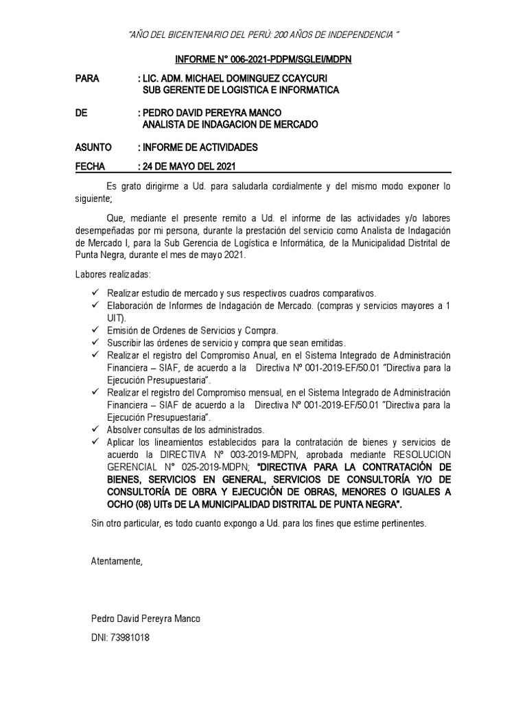 Informe de Labores #006 - 2021 - Mayo | PDF