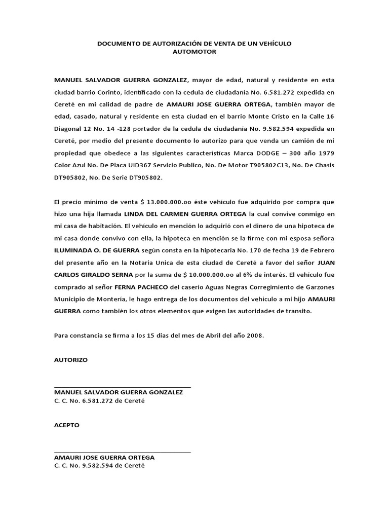Documento de Autorización de Venta de Un Vehículo | PDF
