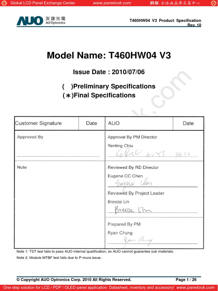 Panel AUO T460HW04 V3 0 (DS) | PDF | Thin Film Transistor Liquid ...