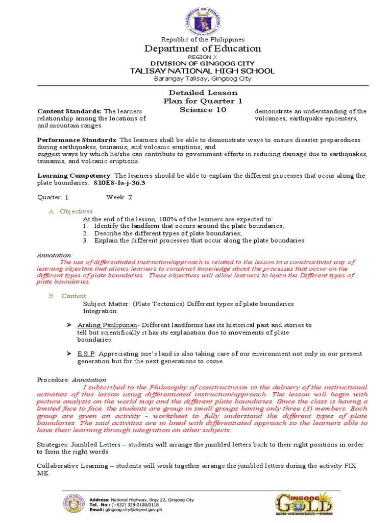 COT 1 Plate Boundaries Science 10 | PDF | Plate Tectonics | Learning