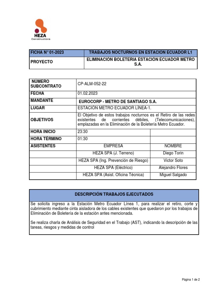 Ficha Trabajos Nocturnos Metro Ecuador | PDF