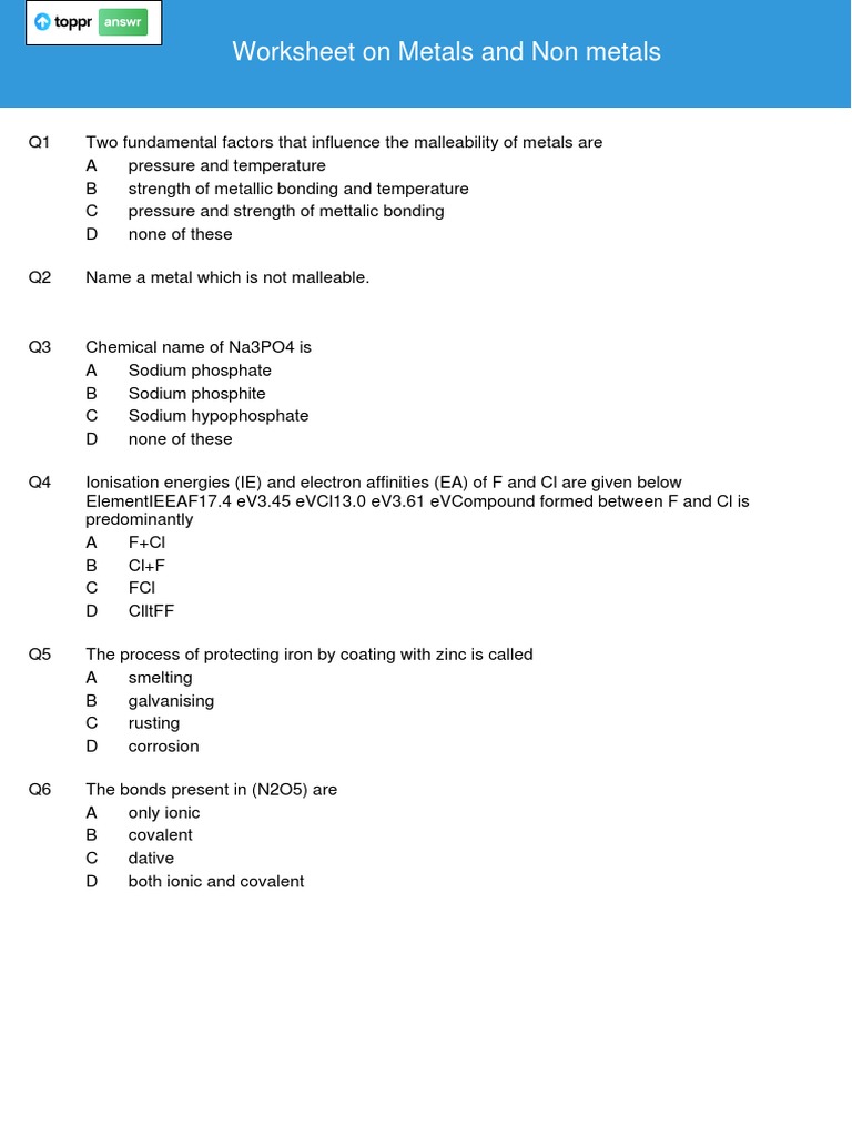 Metals and Nonmetals Worksheet MCQs | PDF | Chemical Compounds | Metals