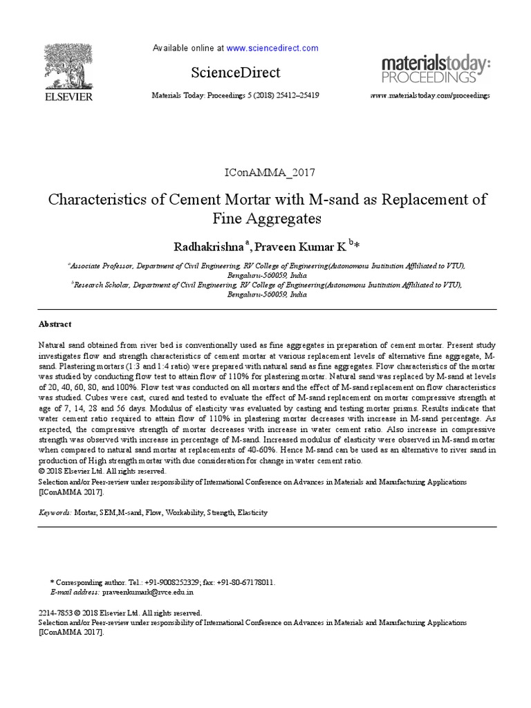 Characteristics Of Cement Mortar With M Sand As Replacement Of Pdf
