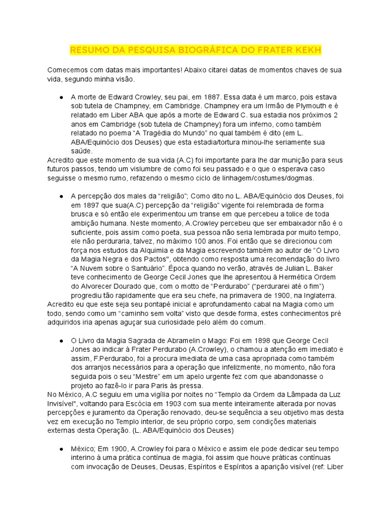 Resumo Da Pesquisa Biográfica de Aleister Crowley Por Frater KEKH | PDF ...