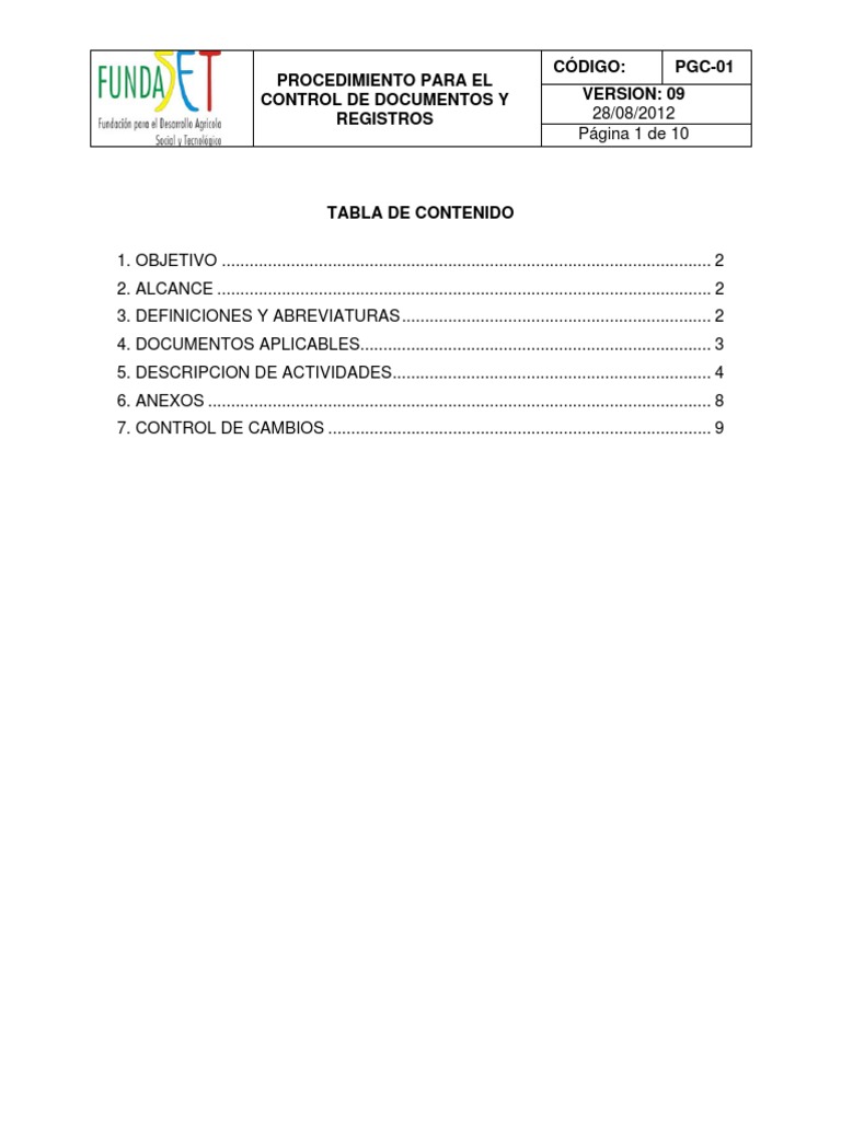 Procedimiento para El Control de Documentos y Registros Tabla de ...