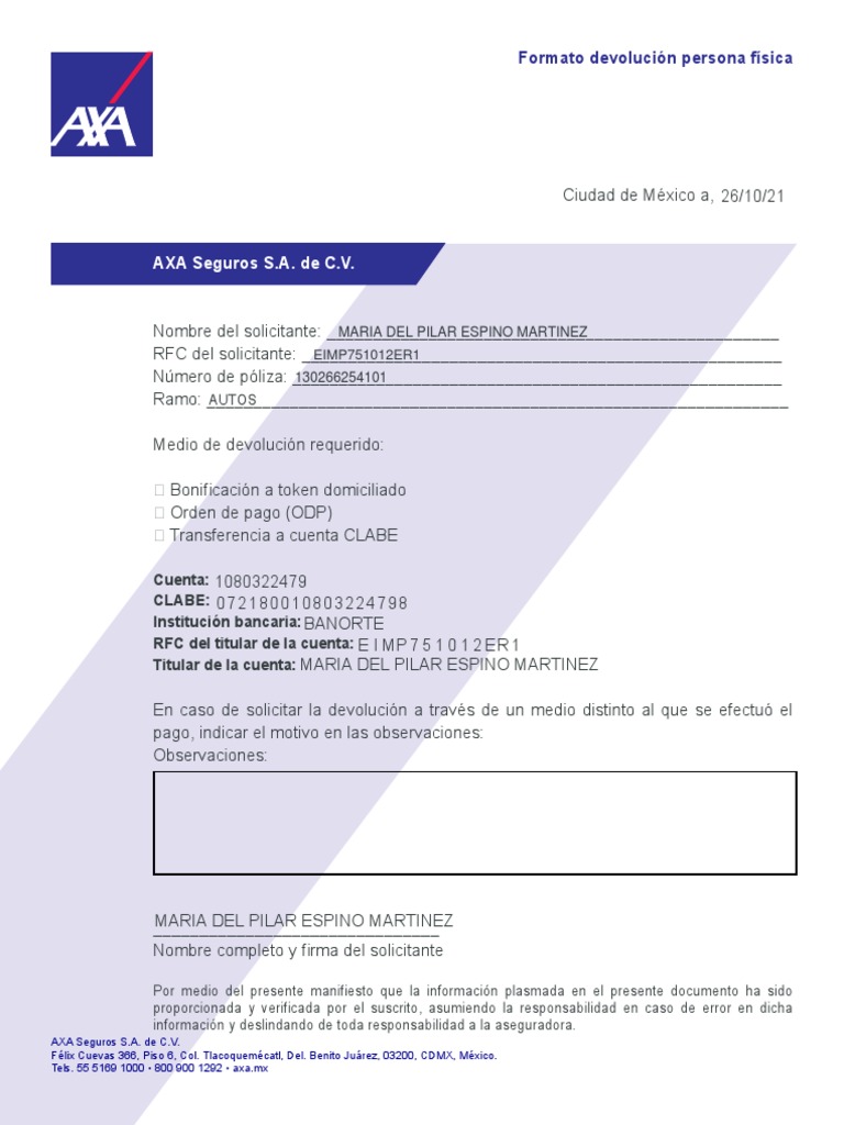 Formato Devolución AXA México | PDF | Finanzas y dinero