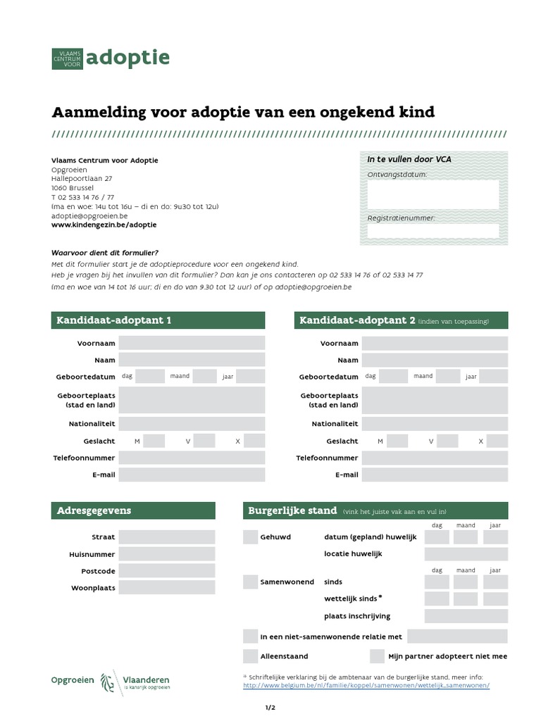 Aanmeldingsformulier Adoptie Ongekend Kind VCA PDF | PDF