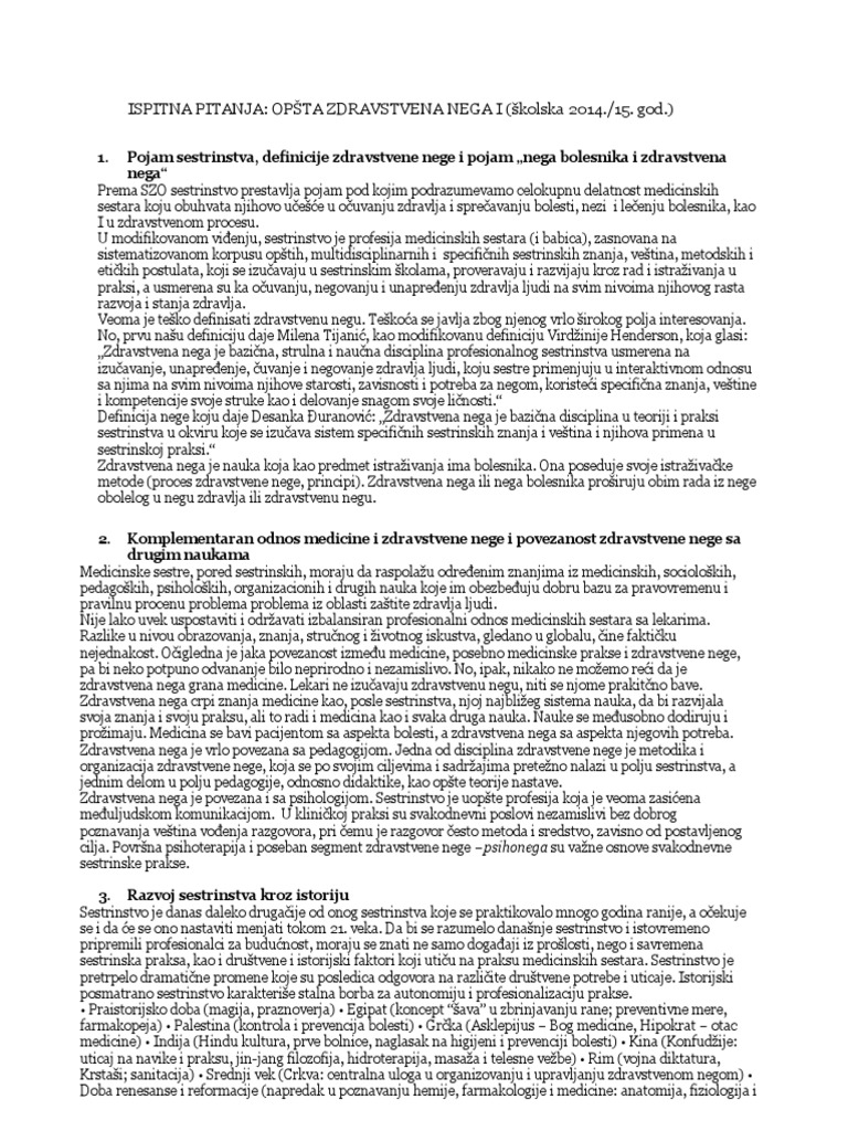Ispitna Pitanja Opsta Nega I | PDF
