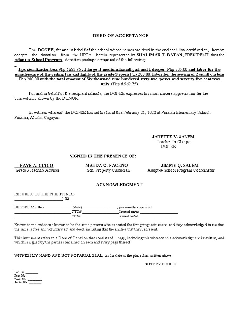 Deed of Donation N Acceptance - KINDER | PDF | Foreign Exchange Market ...