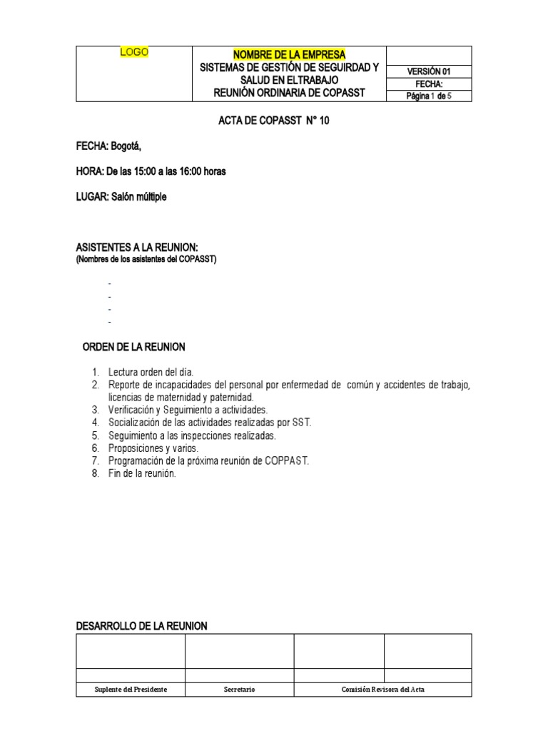 Acta Reunión COPASST: Seguridad Laboral | PDF
